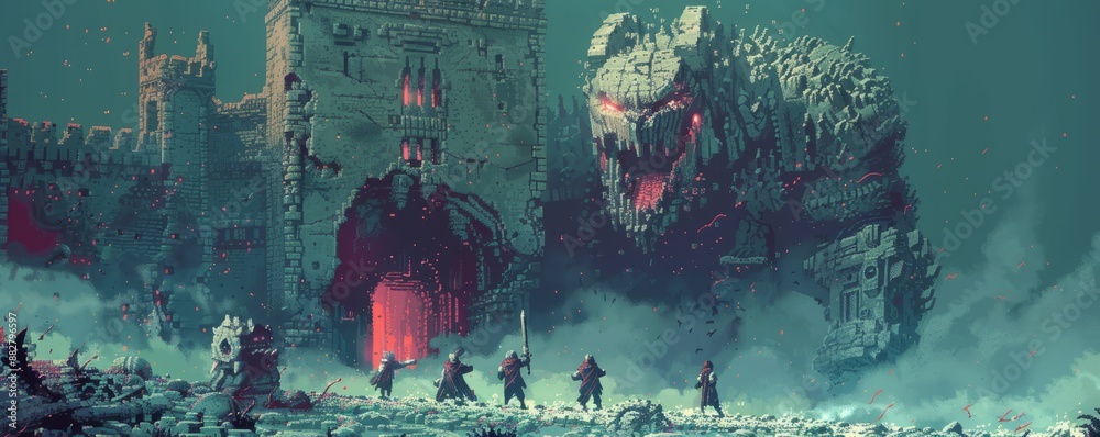 A pixel art rendition of a group of pixelated adventurers exploring a ...