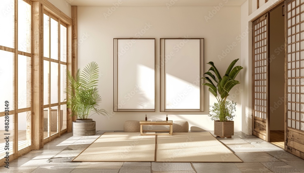 Modern Japanese-Style Room with Shoji Doors, Tatami Mats, Minimalist ...