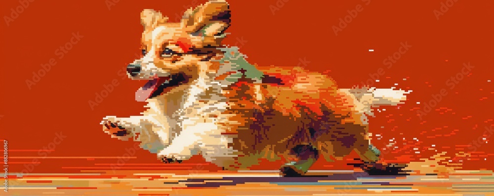 A pixel art illustration of a playful puppy chasing its tail, its ...
