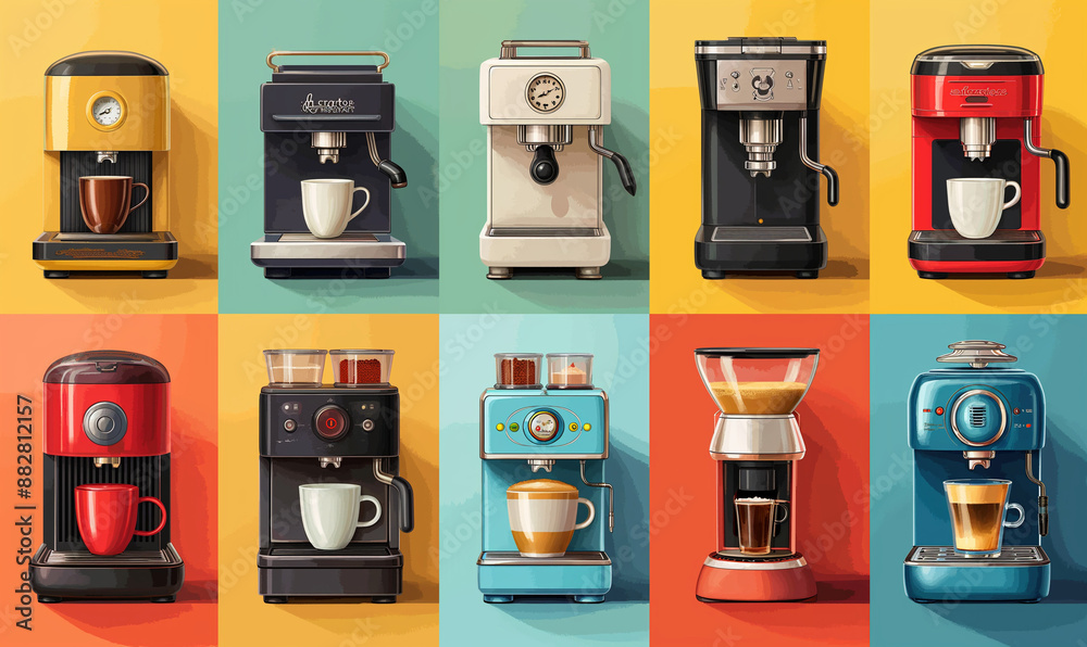 Retro coffee machine on a colored background. Collage. Design. Poster ...