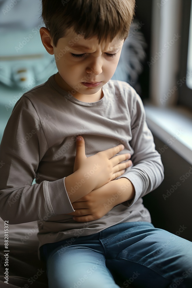 Child boy is holding his stomach and is in pain. Abdominal pain, cramp ...