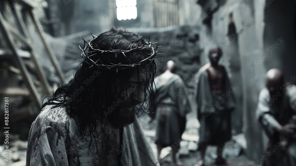 Cinematic photographs of Jesus, son of God, being tortured by cruel ...
