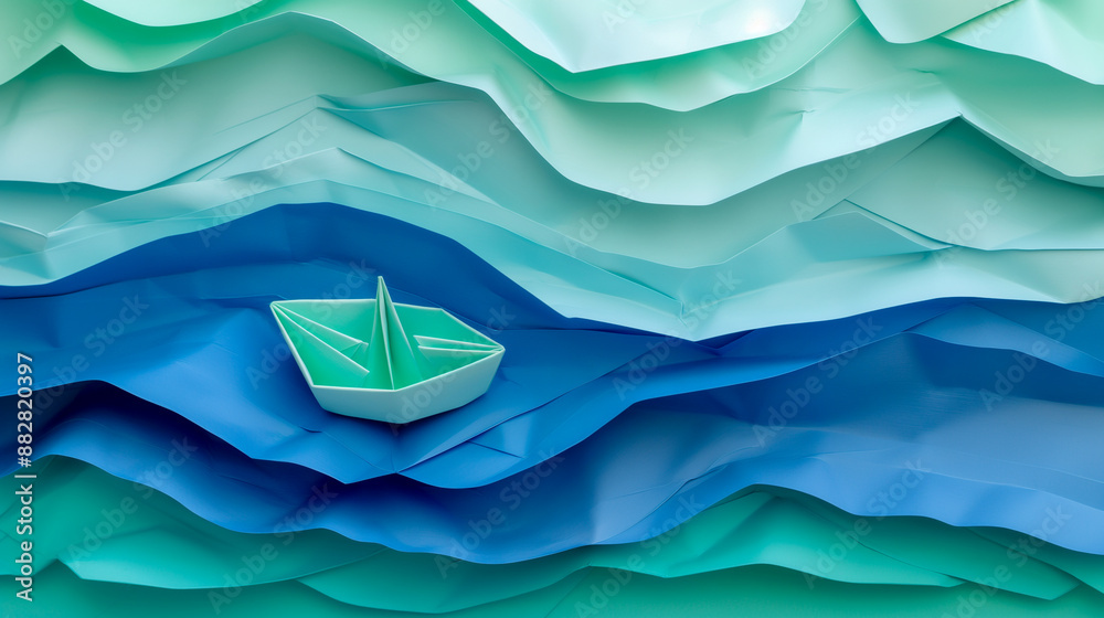 Origami sailboat: a tiny paper vessel floats on a serene sea of pastel ...