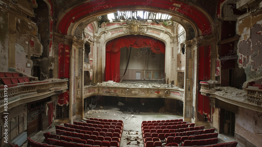 empty abandoned cinema theatre and opera building with ruins and seats ...