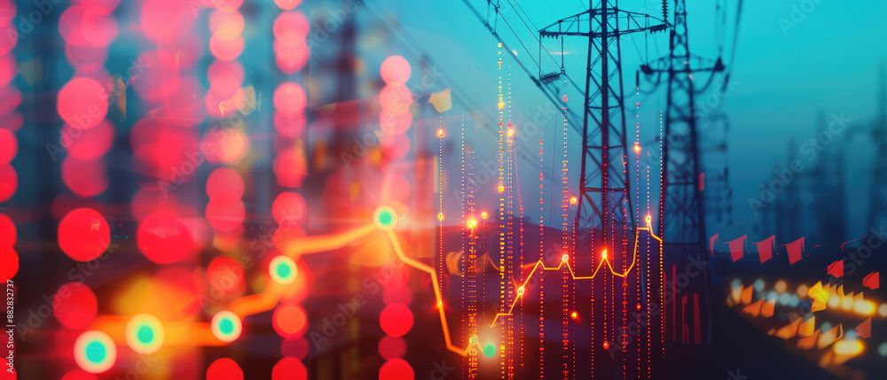 A dynamic stock market graph with energy symbols and electricity ...