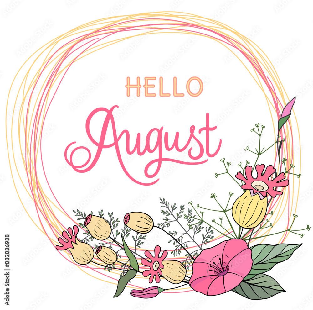 Handwritten, hello august, lettering message. August welcome quote with ...