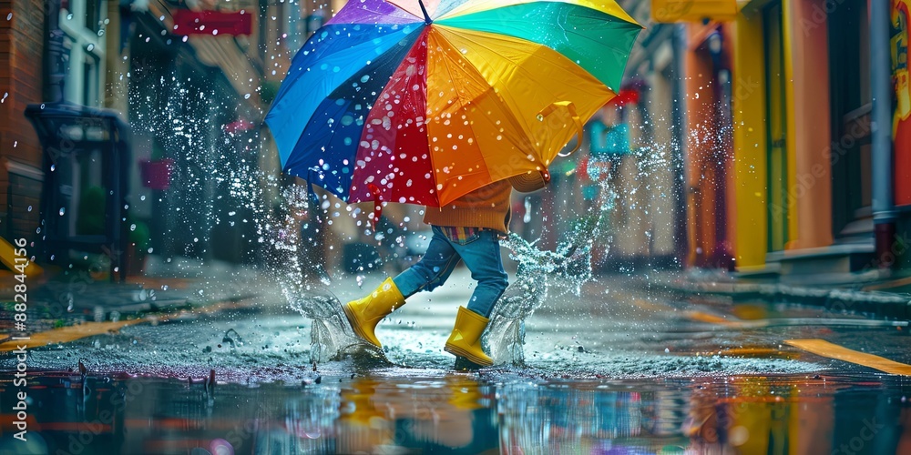 Child Wearing Yellow Rain Boots Jumping in Puddles with Umbrella, Splashing Water on Rainy Days ...