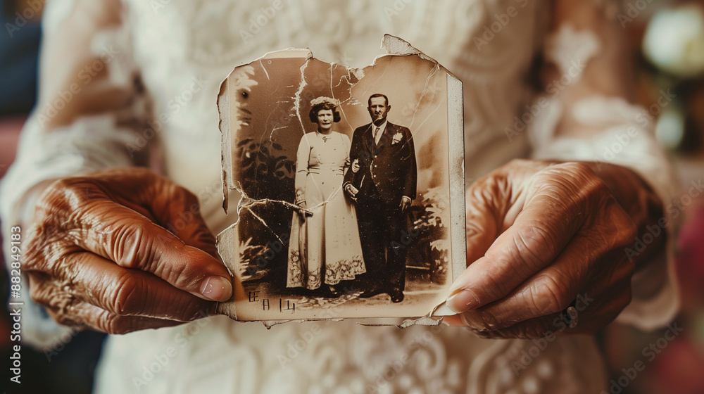 A close shot shows hands holding a torn family photo, full of sadness ...