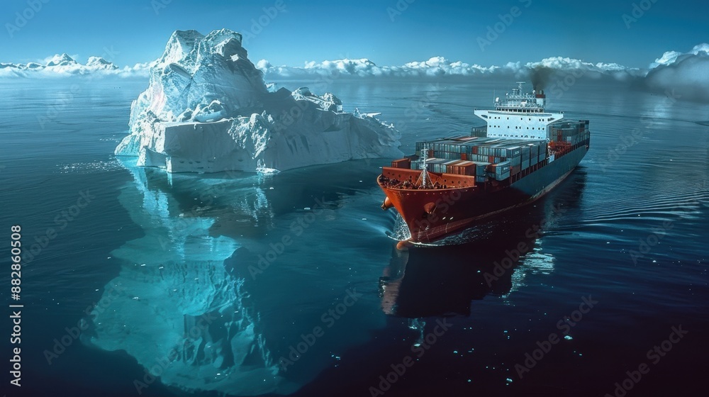 Container ship on the ocean surface nearing a large underwater iceberg ...
