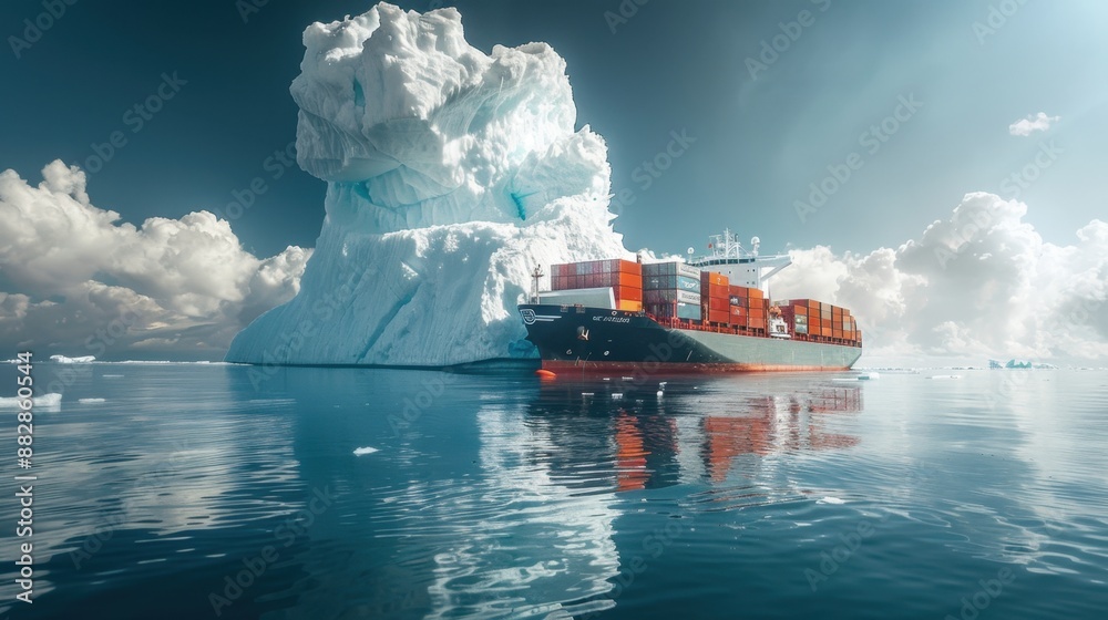 Container ship on the ocean surface nearing a large underwater iceberg ...