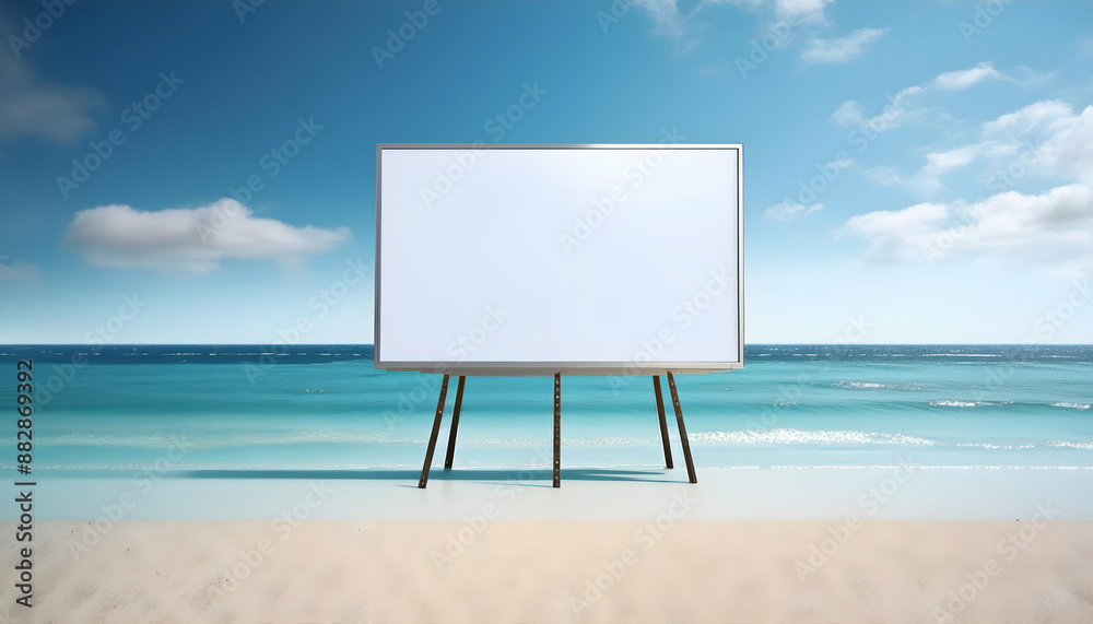 Empty white sign board beach scene featuring a large blank billboard ...