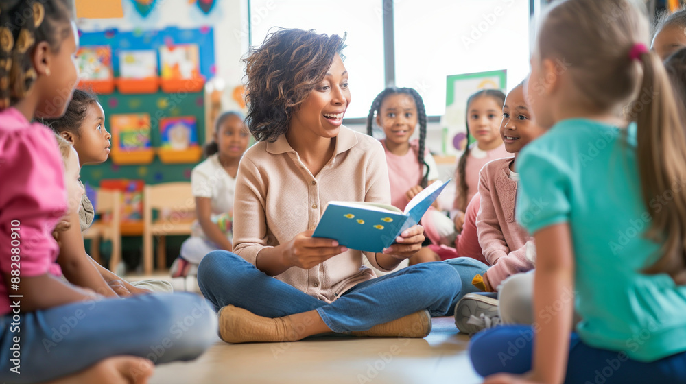 Preschool teacher reading storybook to a group of young children Stock ...