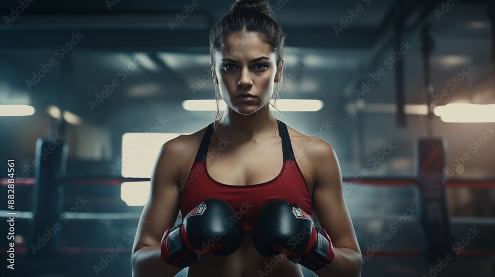 image of a focused Hispanic female boxer in a defensive stance, ready ...