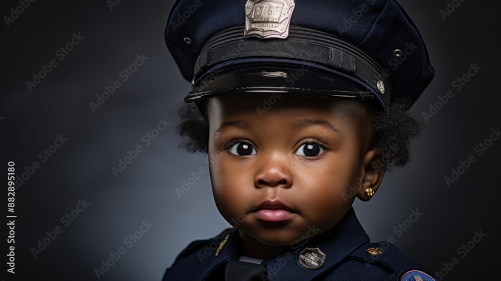 Portrait of a cute little African American girl wearing a police ...