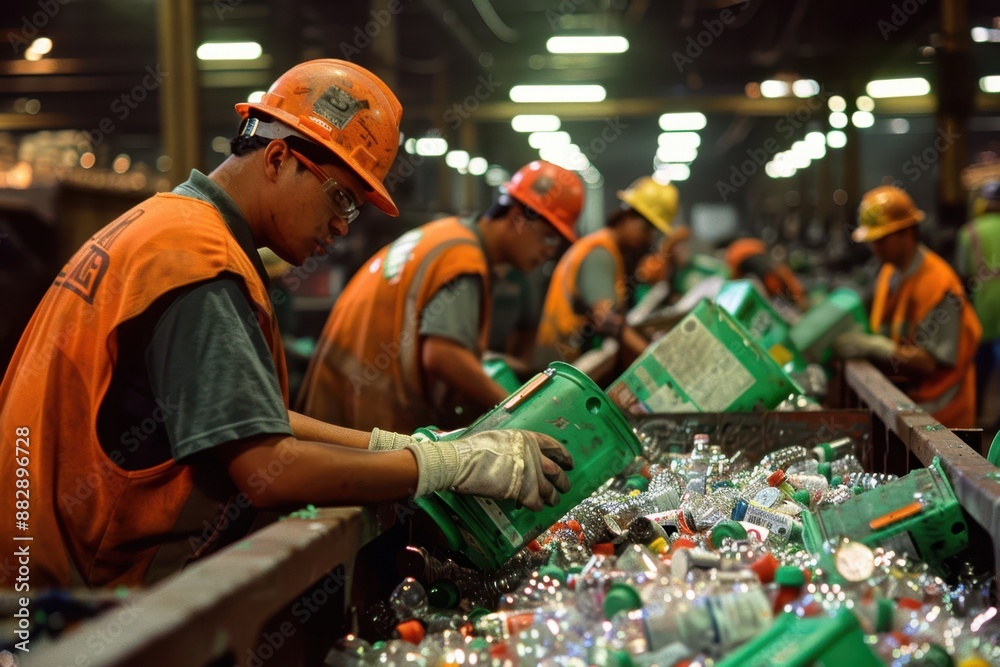 eam of waste management workers sorting recyclables at a recycling ...