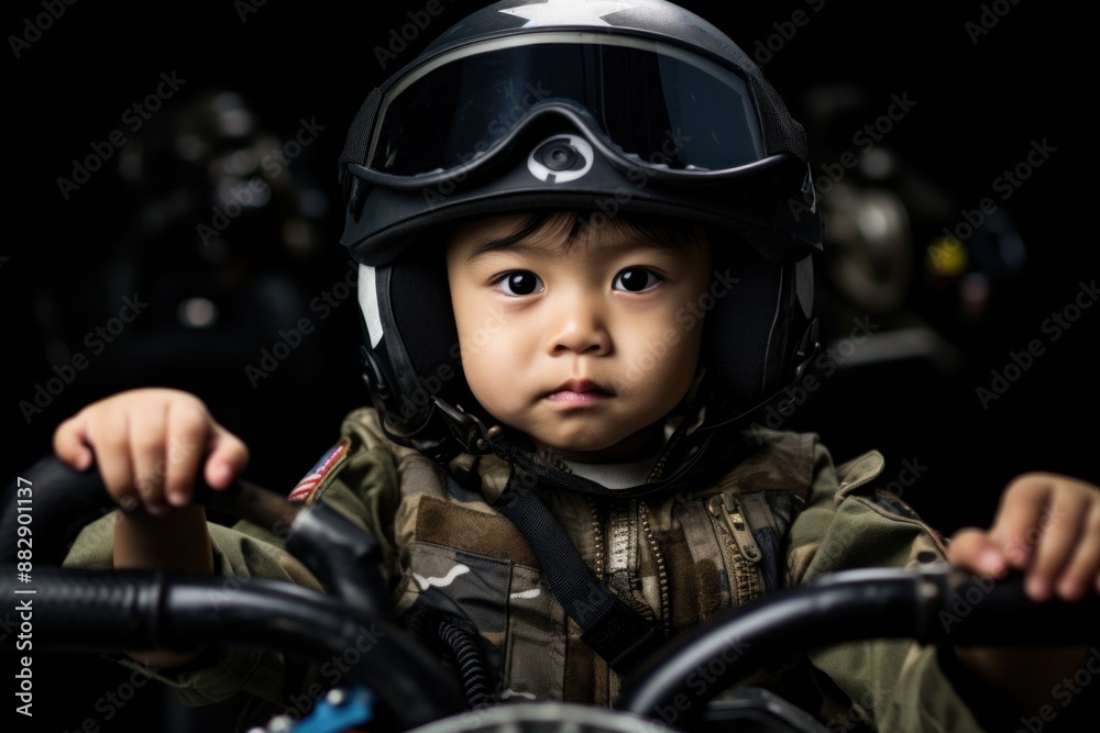 Cute asian baby boy with helmet and motorcycle in the black background ...