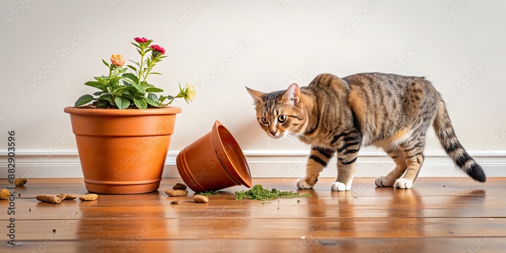 Cat causing a mess by overturning a flower pot on the floor, cat, pet ...