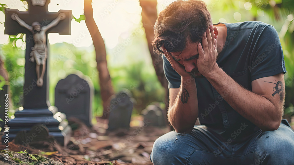 Christian Man Crying Next to Grave with Headstone, Mourning Deceased ...