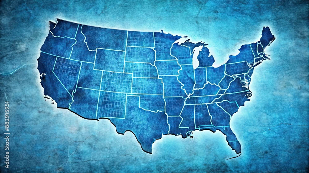 Blue USA map with state borders and names on grunge background, USA ...