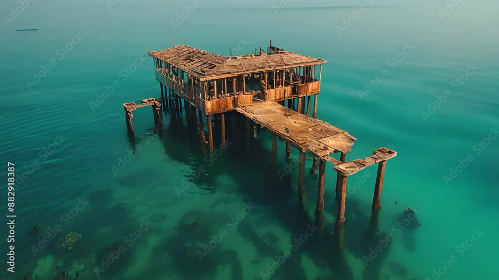 Abandoned pier and huts on stills stand in the middle of ocean. A view ...