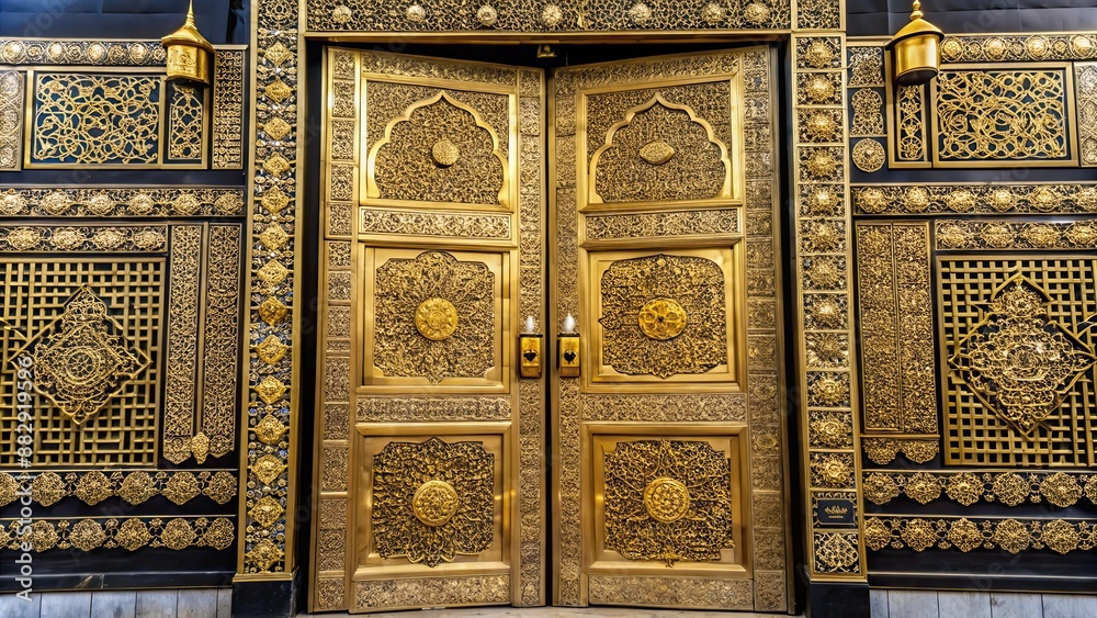 Close up view of Kaaba door covered with golden kiswah at Masjidil ...