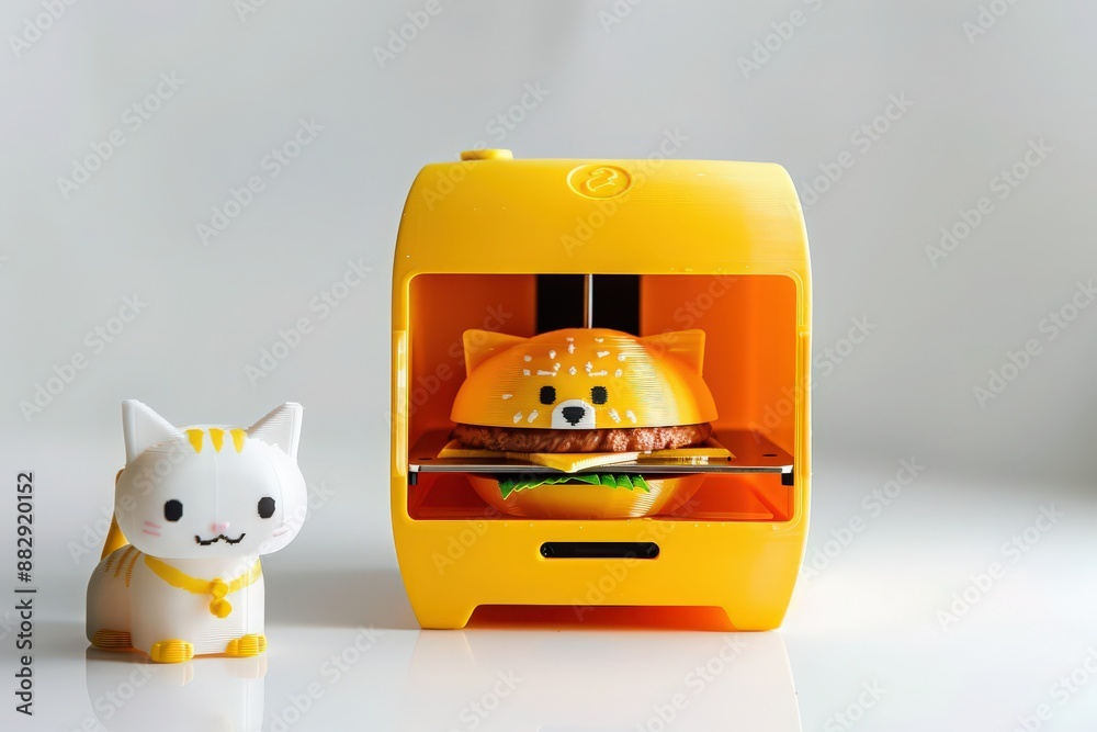 3D printer prints plastic toy kitten and artificial burger on white ...