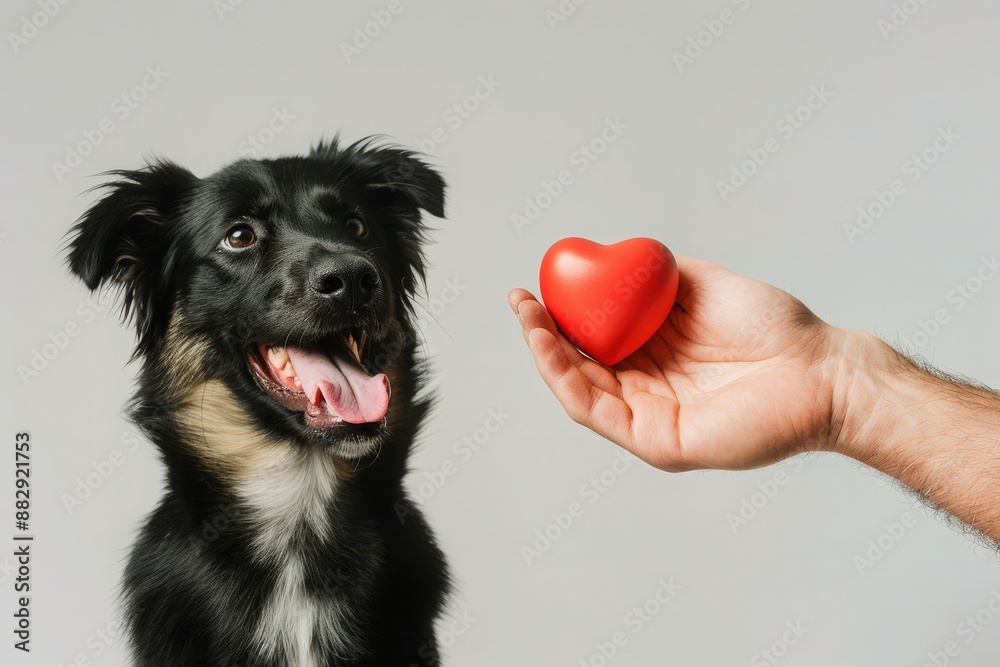 Blood donation for pets. Dog and red heart in human hand outstretched ...