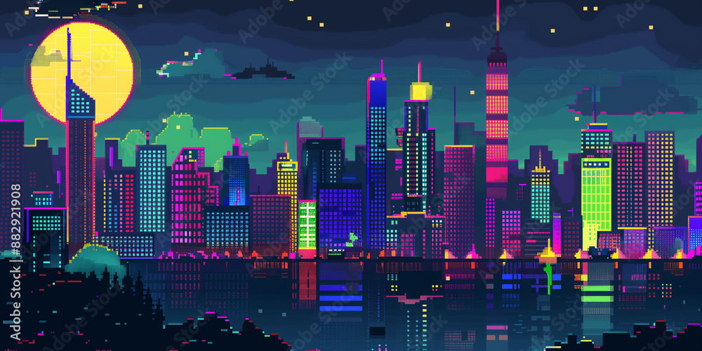 Pixel art retro wave. panorama of big city. wide banner. Space for text ...