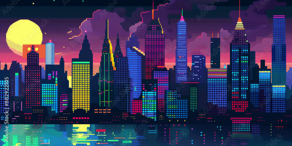Pixel art retro wave. panorama of big city. wide banner. Space for text ...
