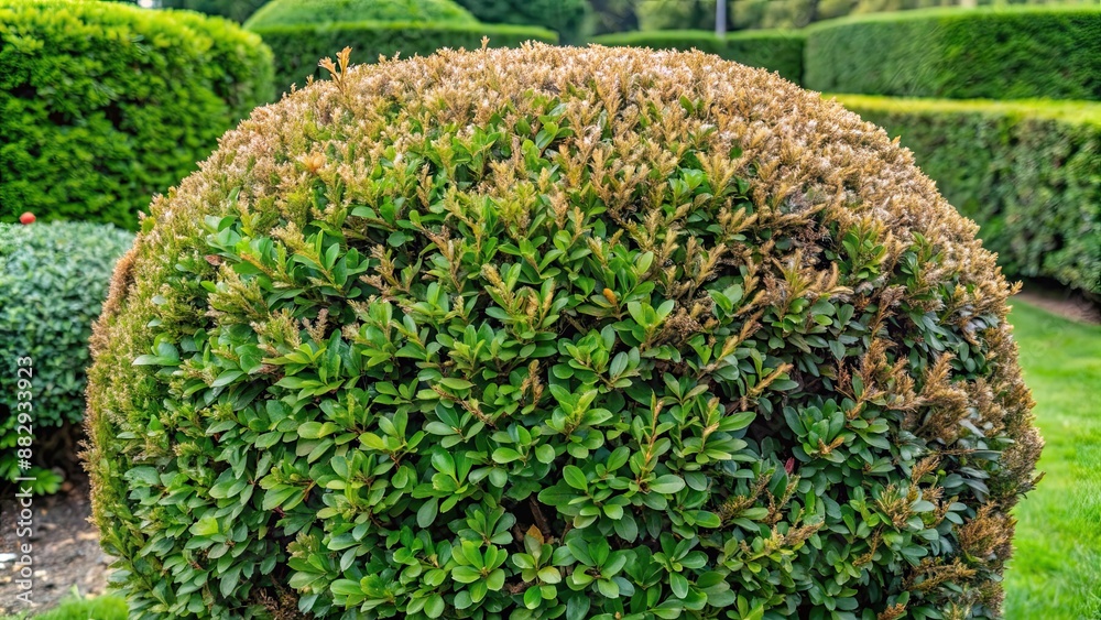 Boxwood bush with extensive damage caused by a moth larvae , boxwood ...