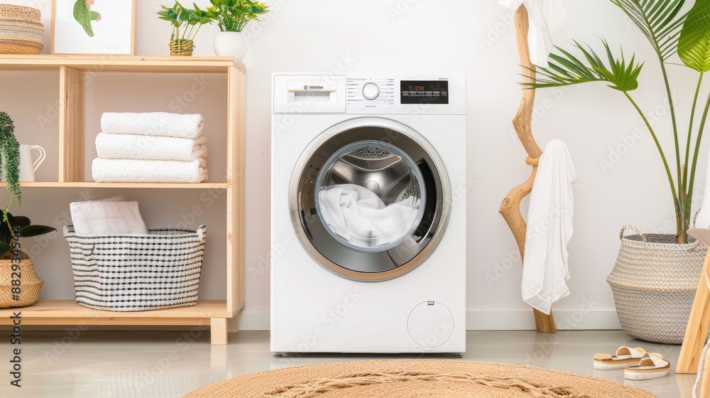 A modern laundry room with white cabinets, two washing machines, a ...
