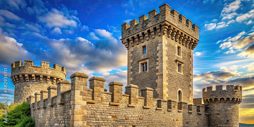 Castle tower with intricate stone wall design in a render, fortress ...