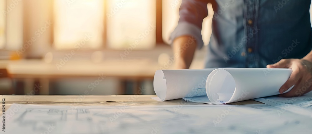 Architect holding blueprints on a desk with design plans in an office ...