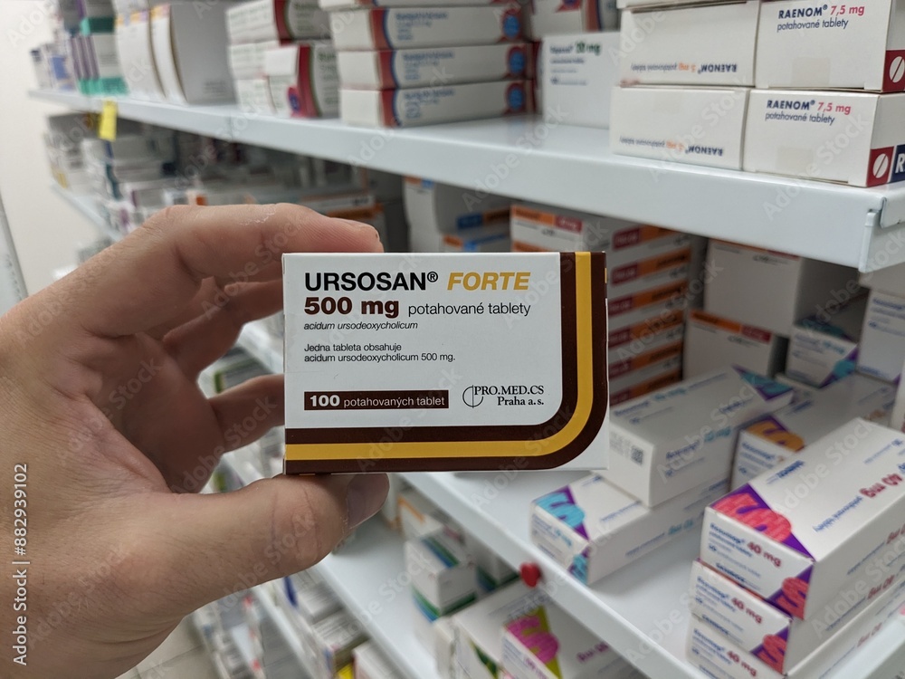 Prague, Czech Republic - July 10 2024: URSOSAN FORTE box of medication with URSODEOXYCHOLIC ACID ...