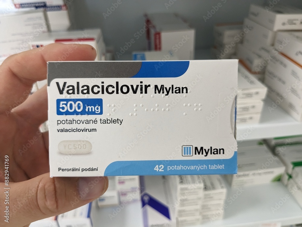 Prague, Czech Republic - July 10 2024: VALACICLOVIR MYLAN box of ...