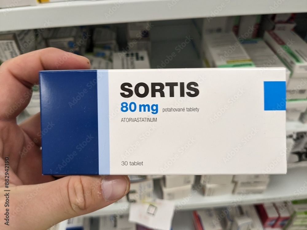 Prague, Czech Republic - July 10 2024: SORTIS box of medication with ...