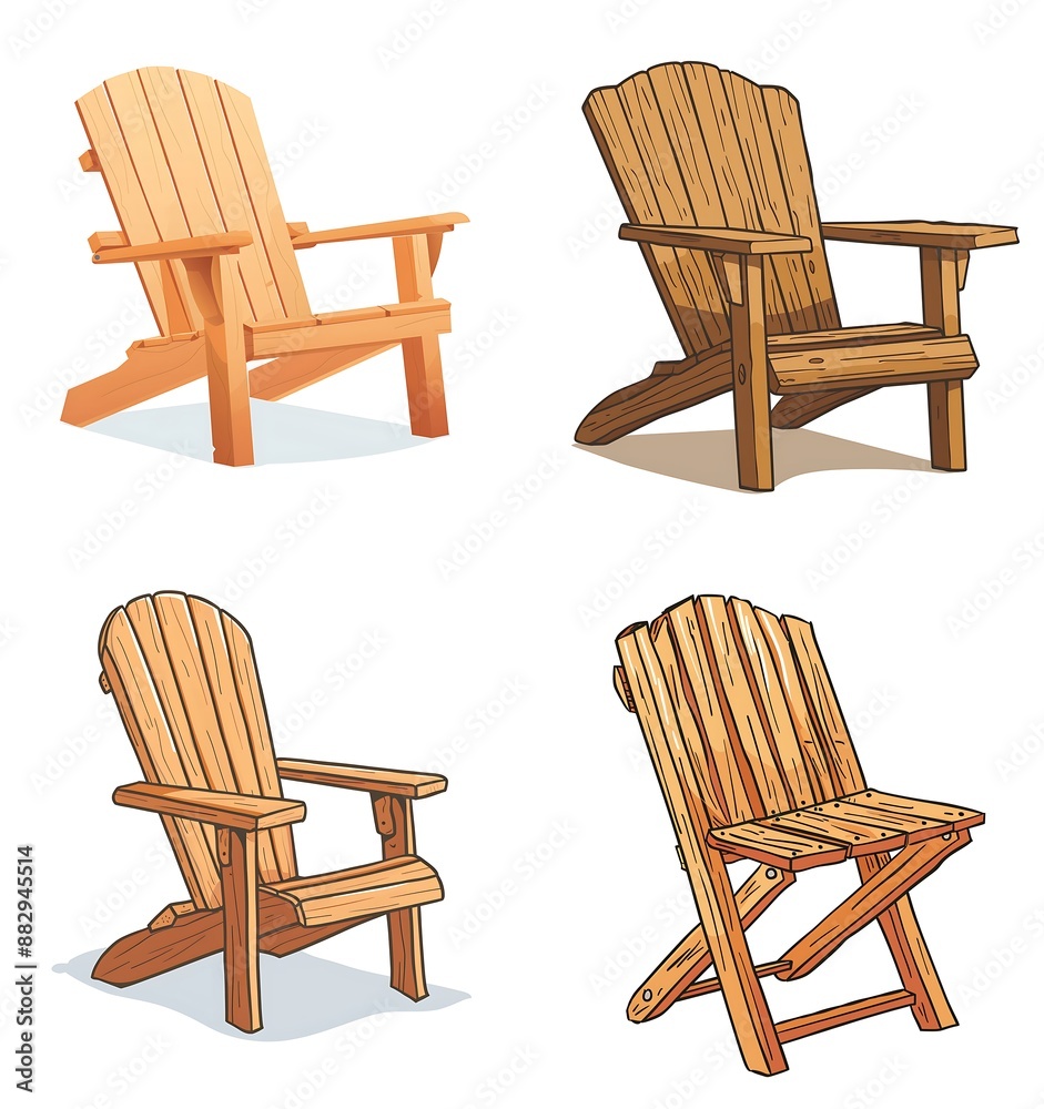 Cute cartoon vector style drawing of an outdoor wooden chair on a flat ...