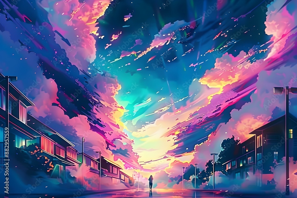 Abstract anime background with manga style in colorful LOFI aesthetic ...