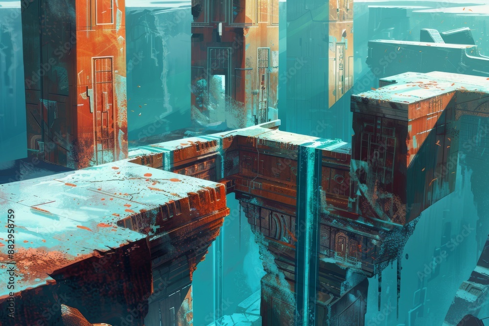 Ancient alien ruins in a flooded city with blue water Stock ...
