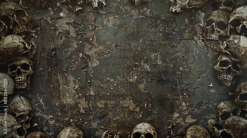 Human skull frame: Grunge Halloween texture with bones and skulls ...