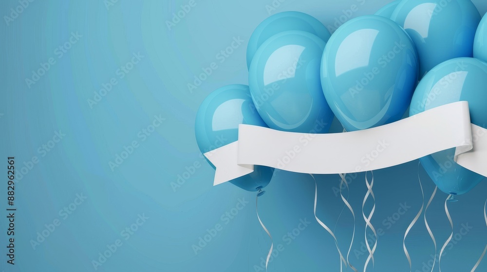 Detailed 3D rendering of blue balloons with ribbon and white banner on ...