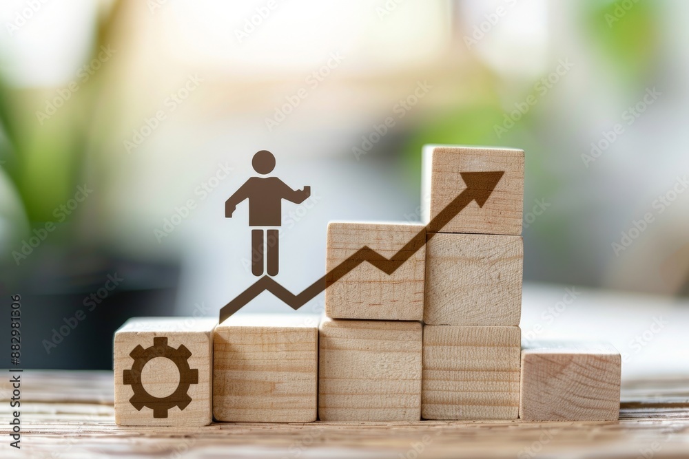 Wooden blocks with an upward arrow and growth chart, featuring a gears ...