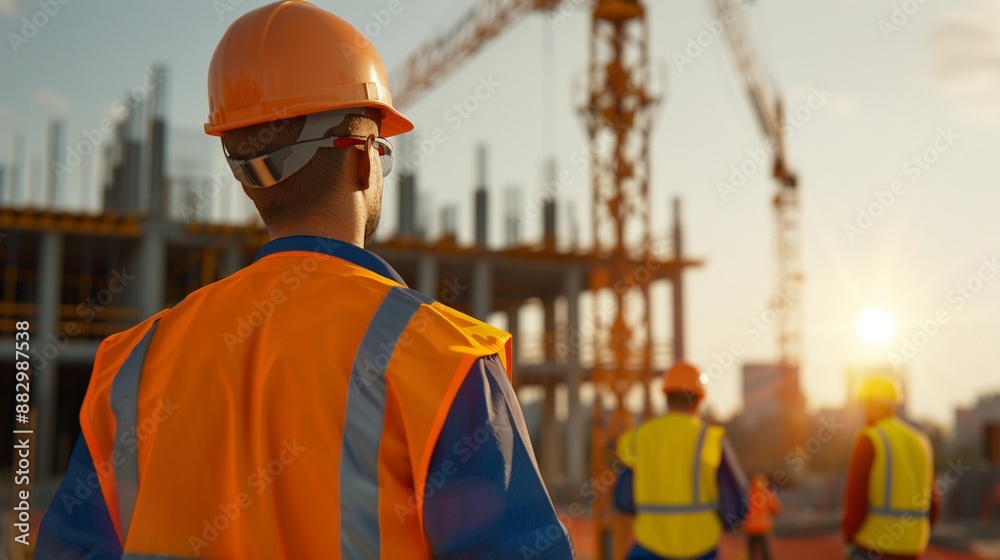 A construction site with visible safety regulations, workers with ...