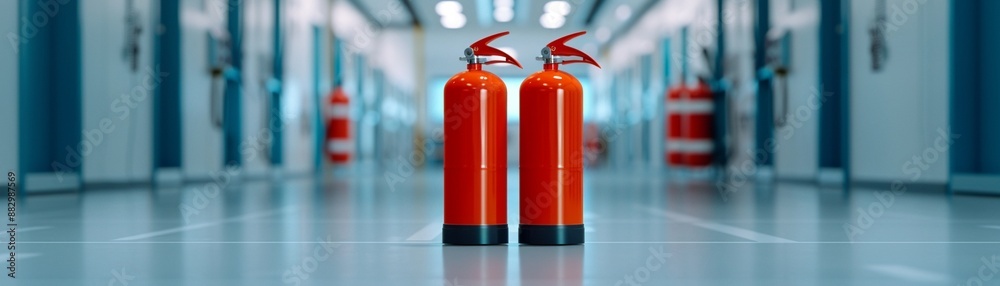 Office building with fire safety measures, extinguishers and safety ...