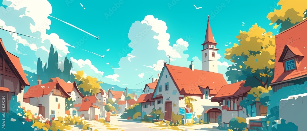 Cute cartoon landscape of a charming small town, main street and church ...