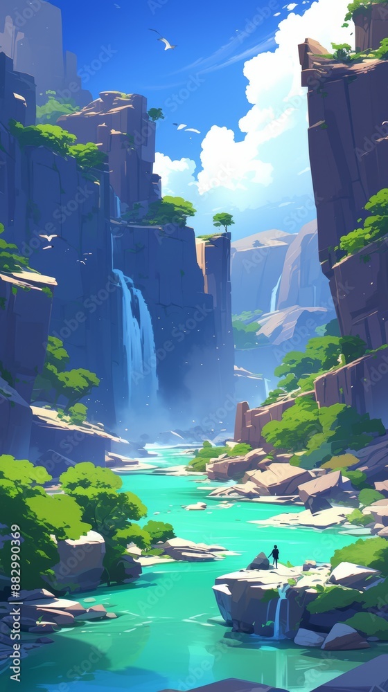Cute cartoon landscape of a mysterious cove, hidden waterfall and rocky ...