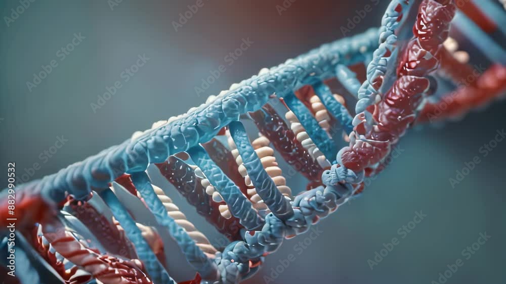 Video animation of close up view of a DNA double helix structure. The helix consists of two ...