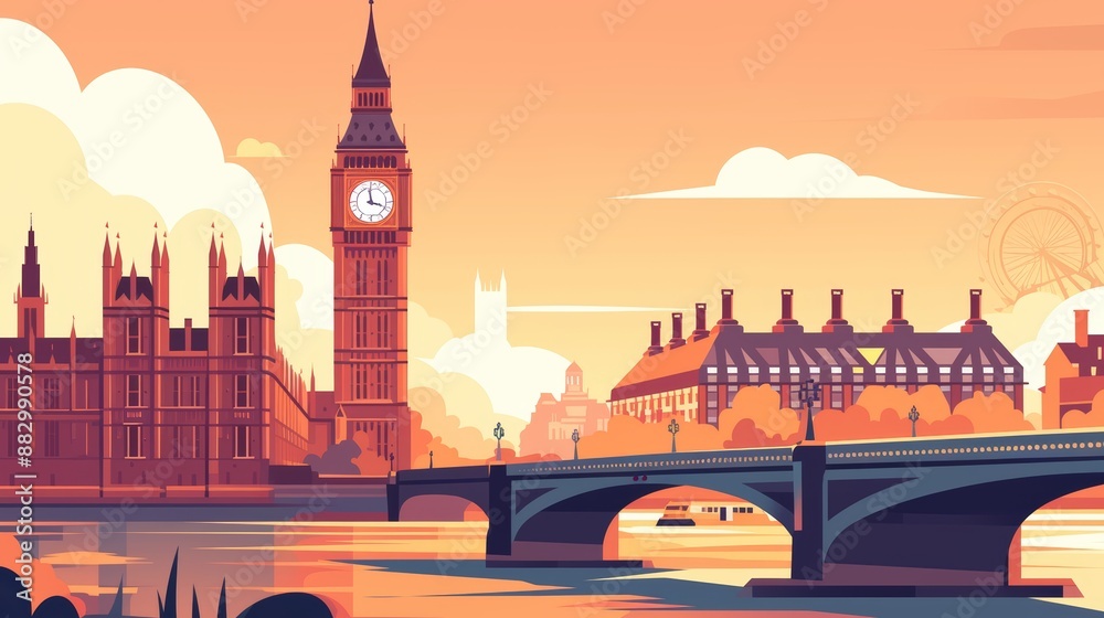 ภาพประกอบสต็อก Cute cartoon landscape of the iconic Big Ben clock tower ...