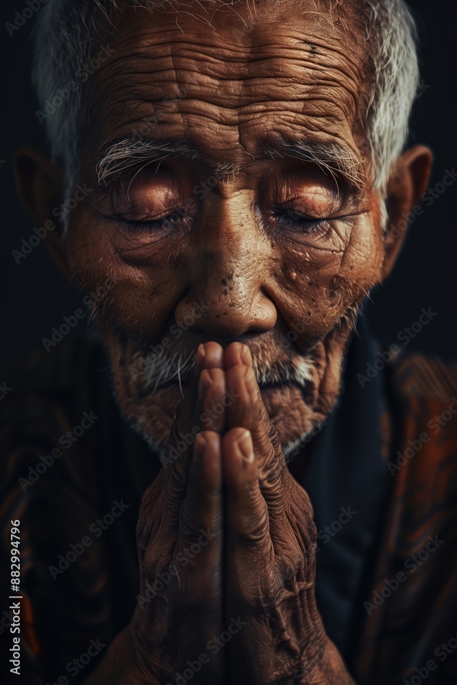Old man prays hands clasped together on dark background. Man with white ...