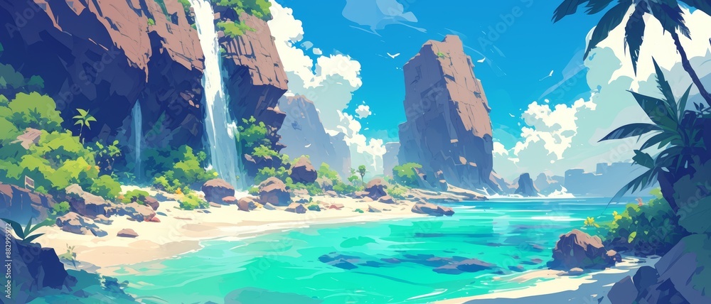 Cute cartoon landscape of a mysterious cove, hidden waterfall and rocky ...